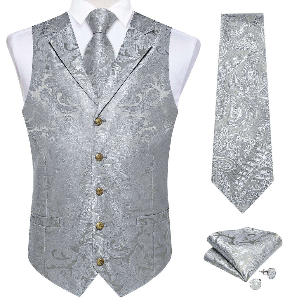 Dibangu Notched Collar Vest Silver Grey Floral V Waistcoat Tie Set– DiBanGuStore