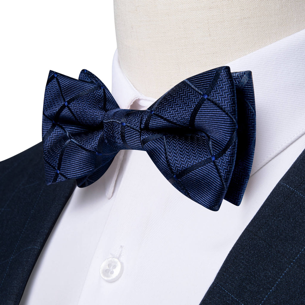 DiBanGu Kids Bow Tie Navy Blue Plaid Silk Pre-Bow Tie Hanky Set ...