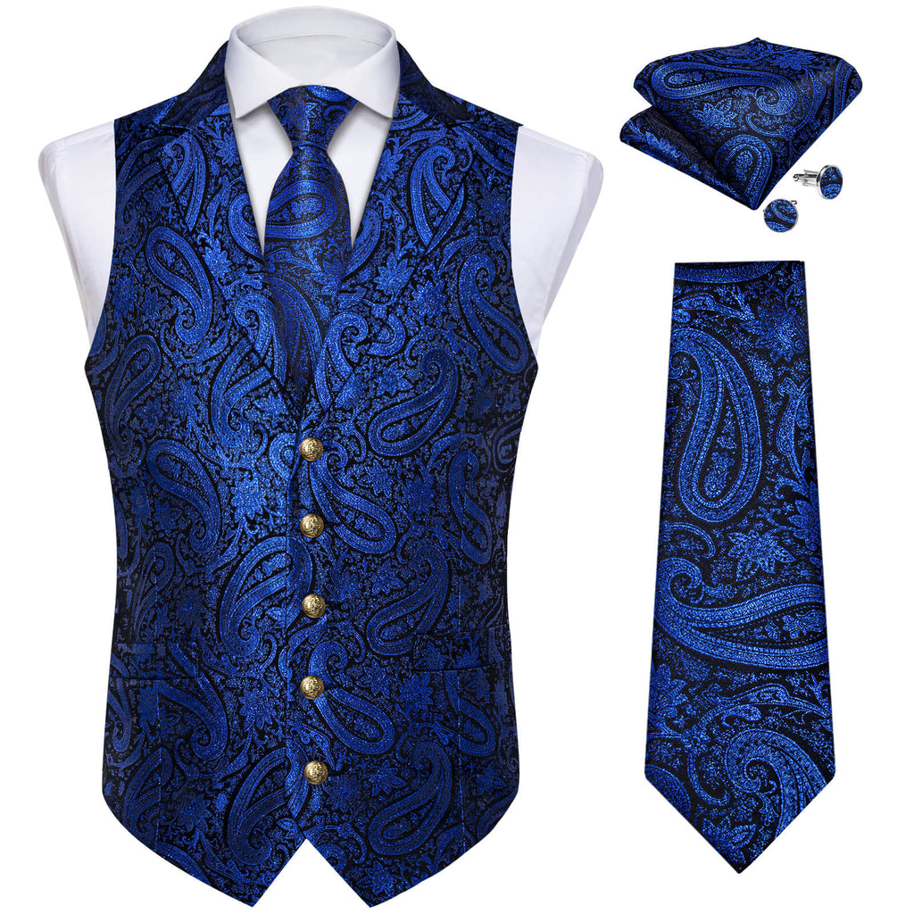DiBanGu Men's Vest Navy Blue Paisley Silk Waistcoat Suit Vest Tie Set ...