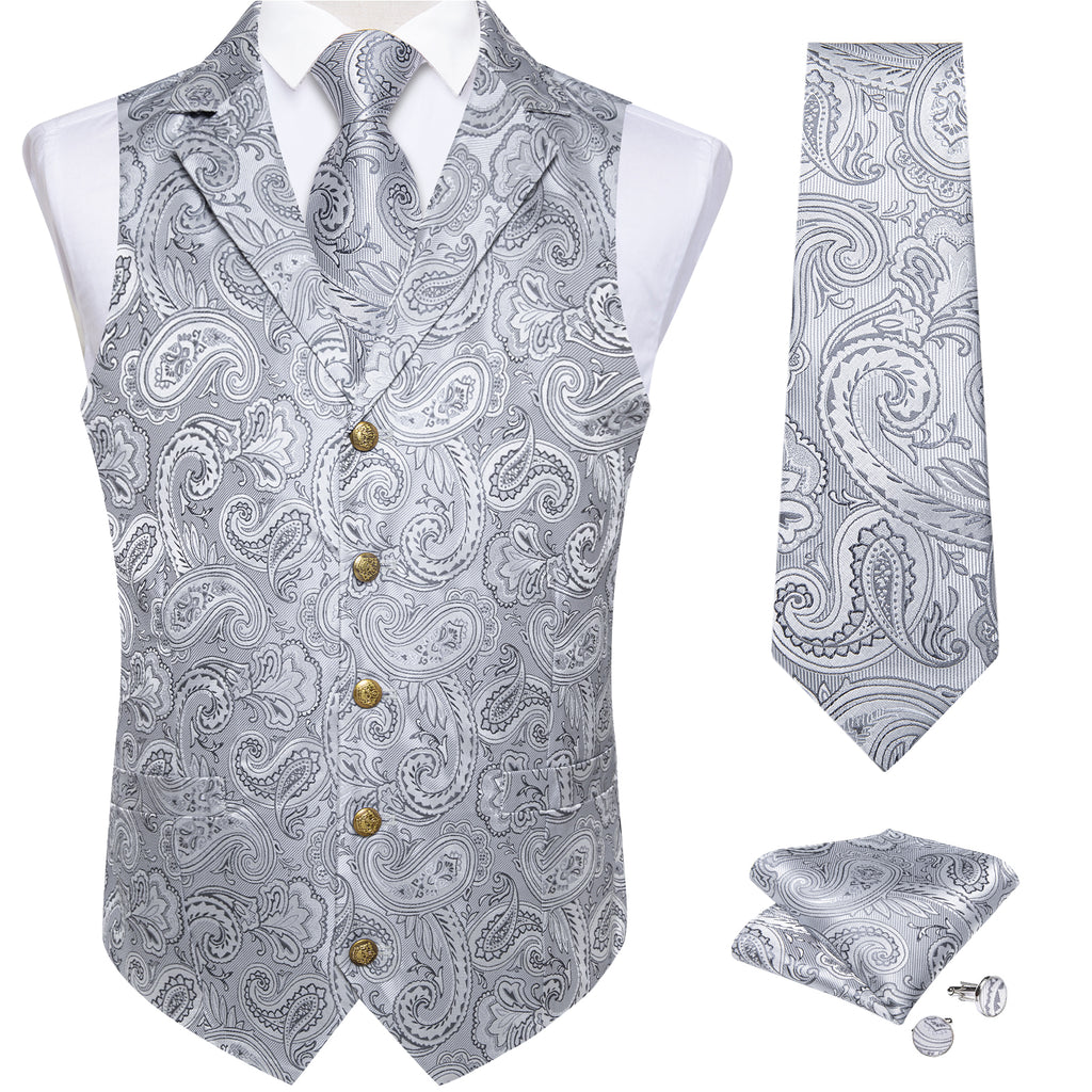 Dibangu Notched Collar Vest Silver Paisley Mens Waistcoat Vest Tie Set ...