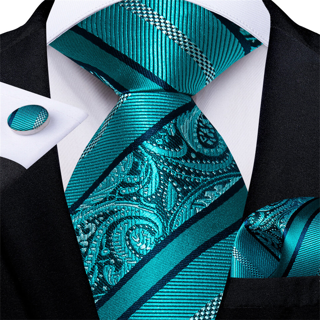 DiBanGu Bucket Tie Dark Turquoise Blue Striped Paisley Men's Tie Set ...