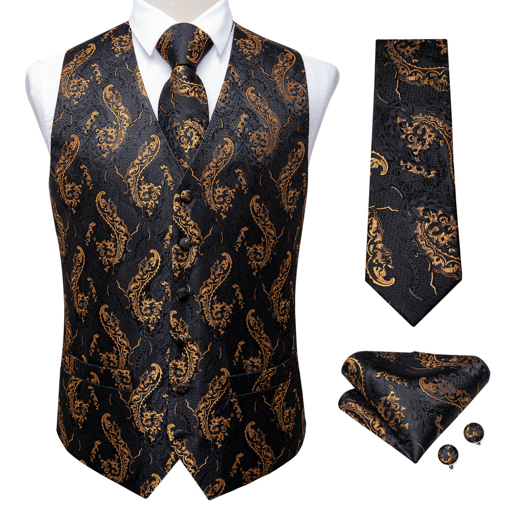 Dibangu Mens Suit Vest Black Gold Floral Silk Vest Tie Vest Suit Set– DiBanGuStore