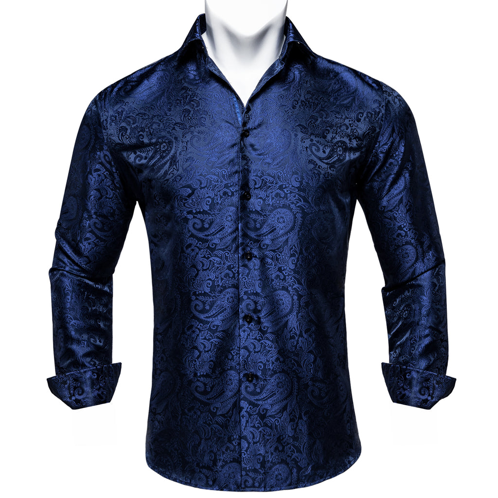 Dibangu Mens Long Sleeve Shirt Blue Paisley Button Down Silk Shirt ...