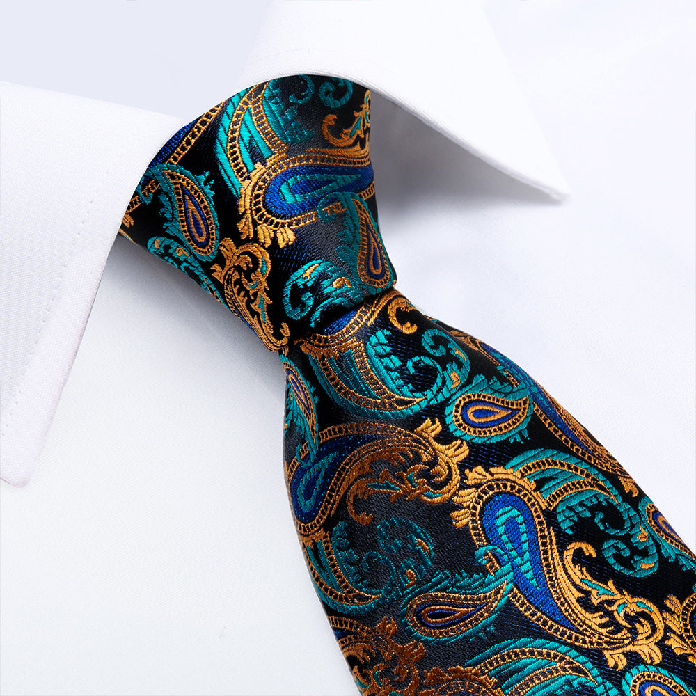 Gorgeous Cyan Yellow Paisley Tie Pocket Square Cufflinks Set– DiBanGuStore