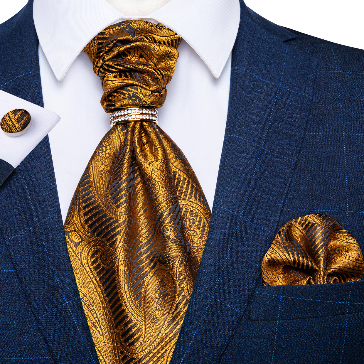 Gold Paisley Silk Cravat Woven Ascot Tie Pocket Square Cufflinks With ...