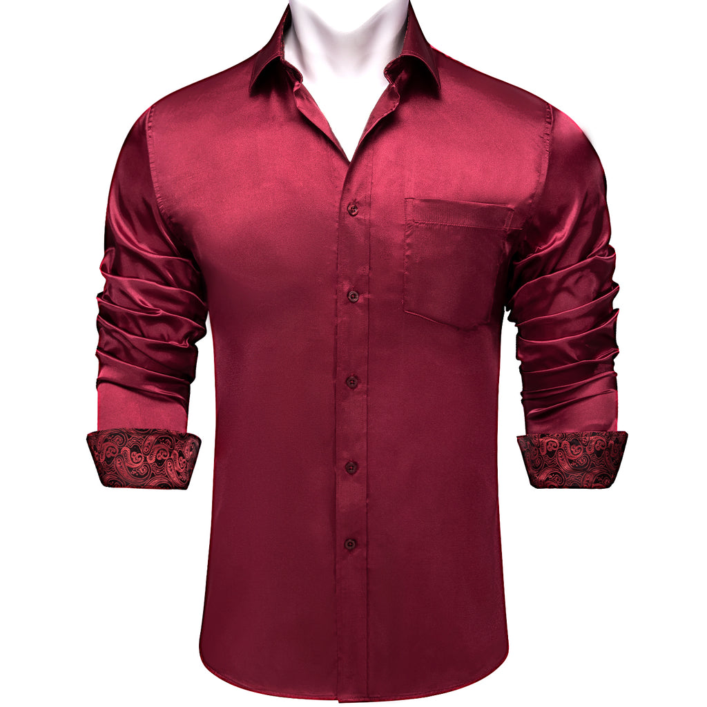 Dibangu Formal Work Shirt Men's Wine Red Solid Long Sleeve Shirt Top ...