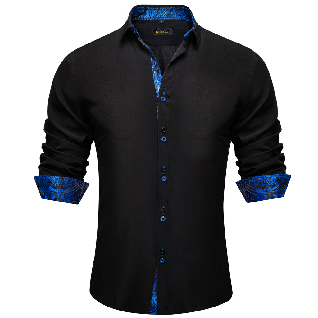 Dibangu Silk Button Down Shirt Black Blue Long Sleeve Shirt For Men ...