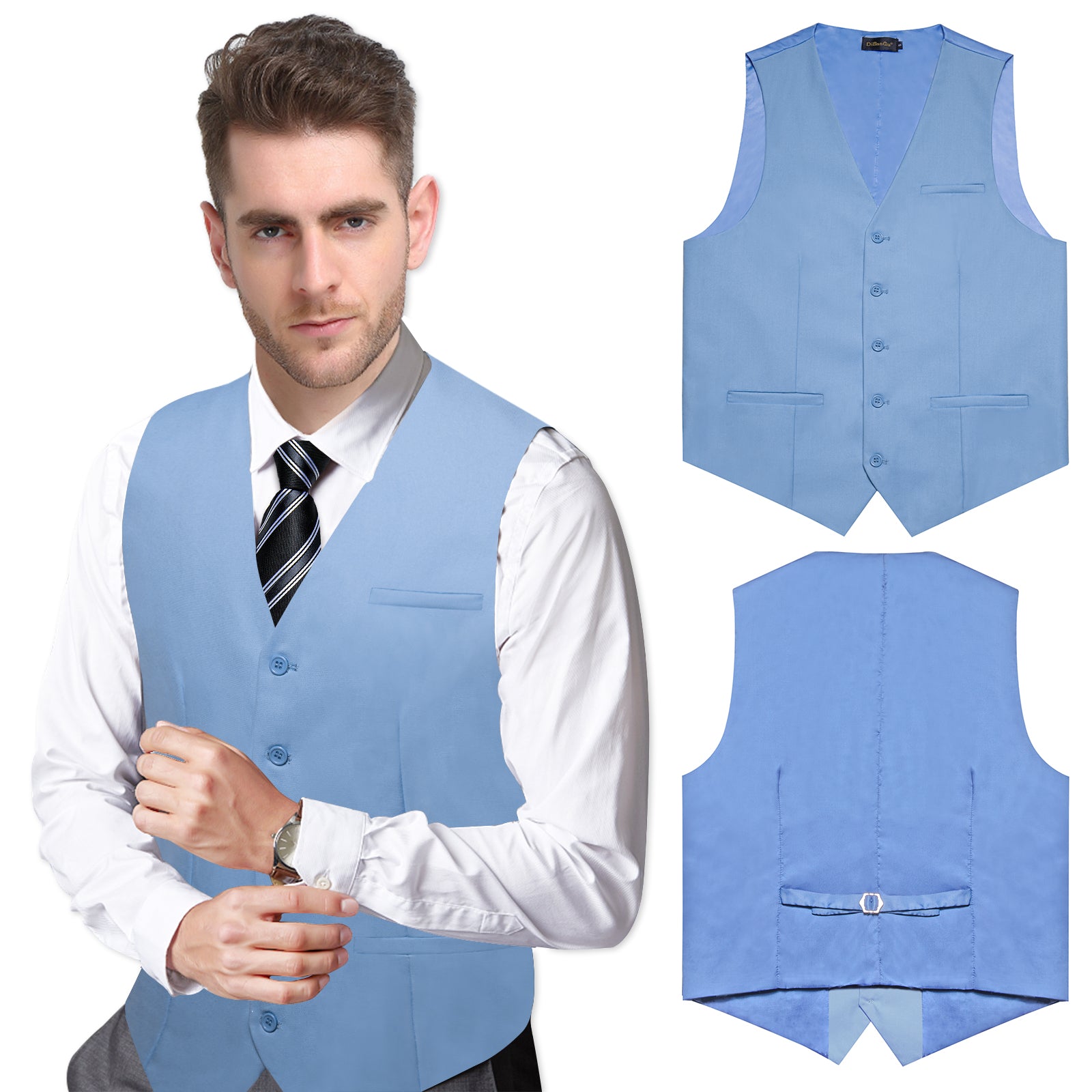 Sky Blue Solid Vest Black Striped Tie Set – DiBanGuStore