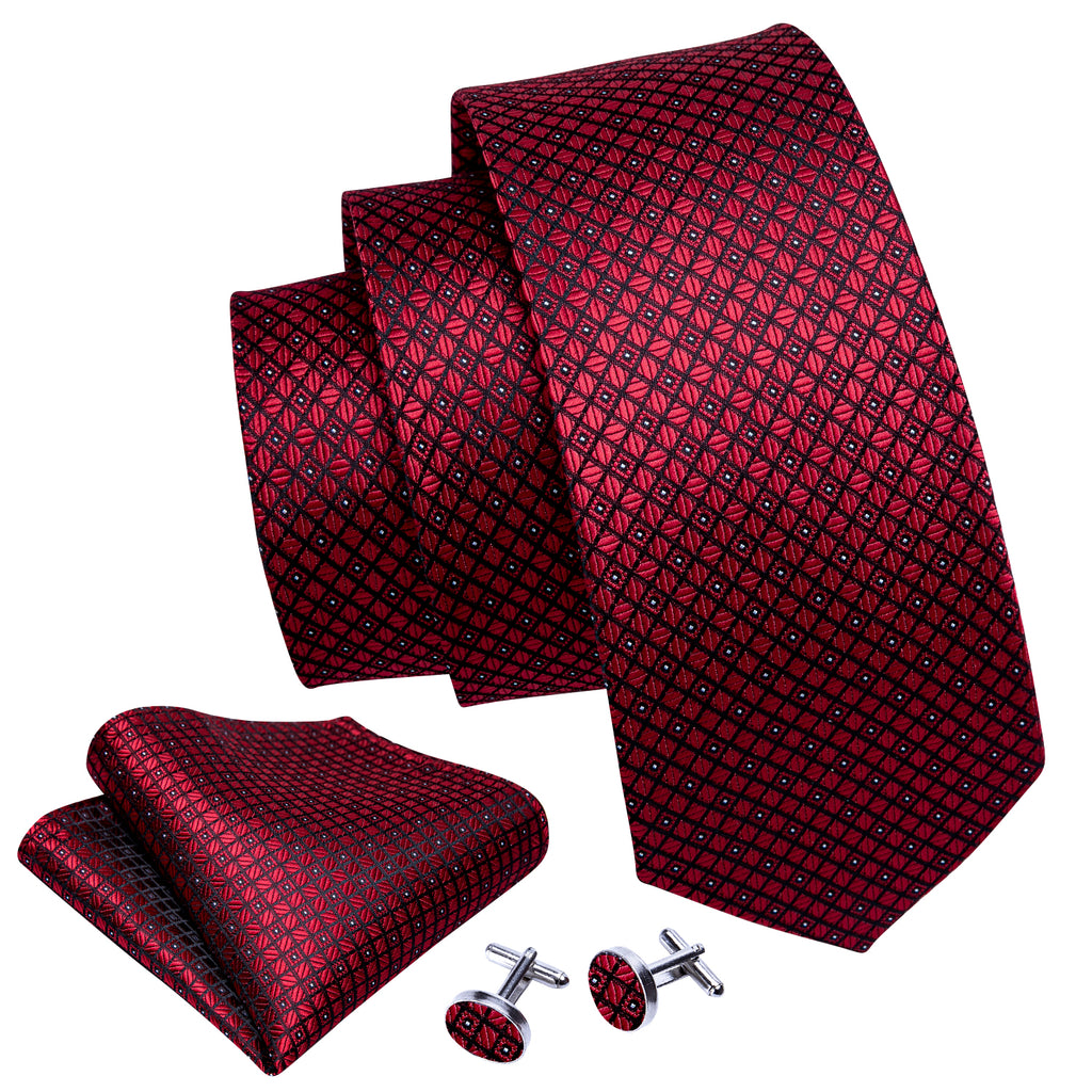 Red Plaid Tie Handkerchief Cufflinks Set– DiBanGuStore