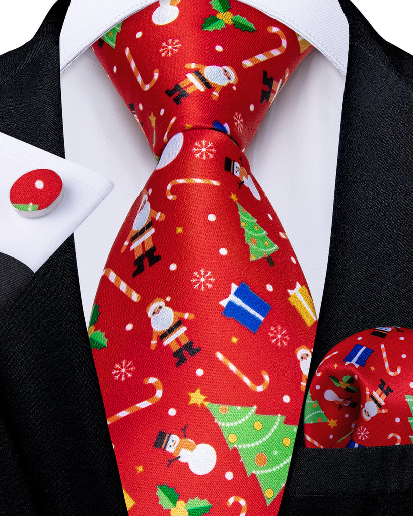 Red Silk Santa Christmas Tree Men's Floral Tie Pocket Square Cufflinks ...