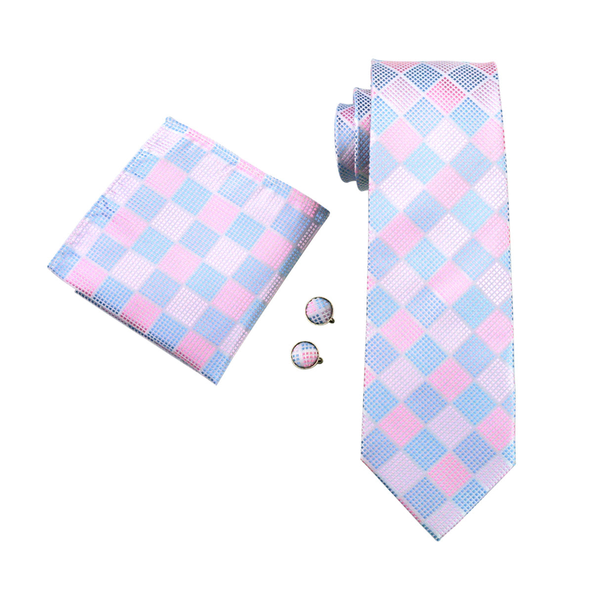 Blue Pink Plaid Tie Handkerchief Cufflinks Set– DiBanGuStore