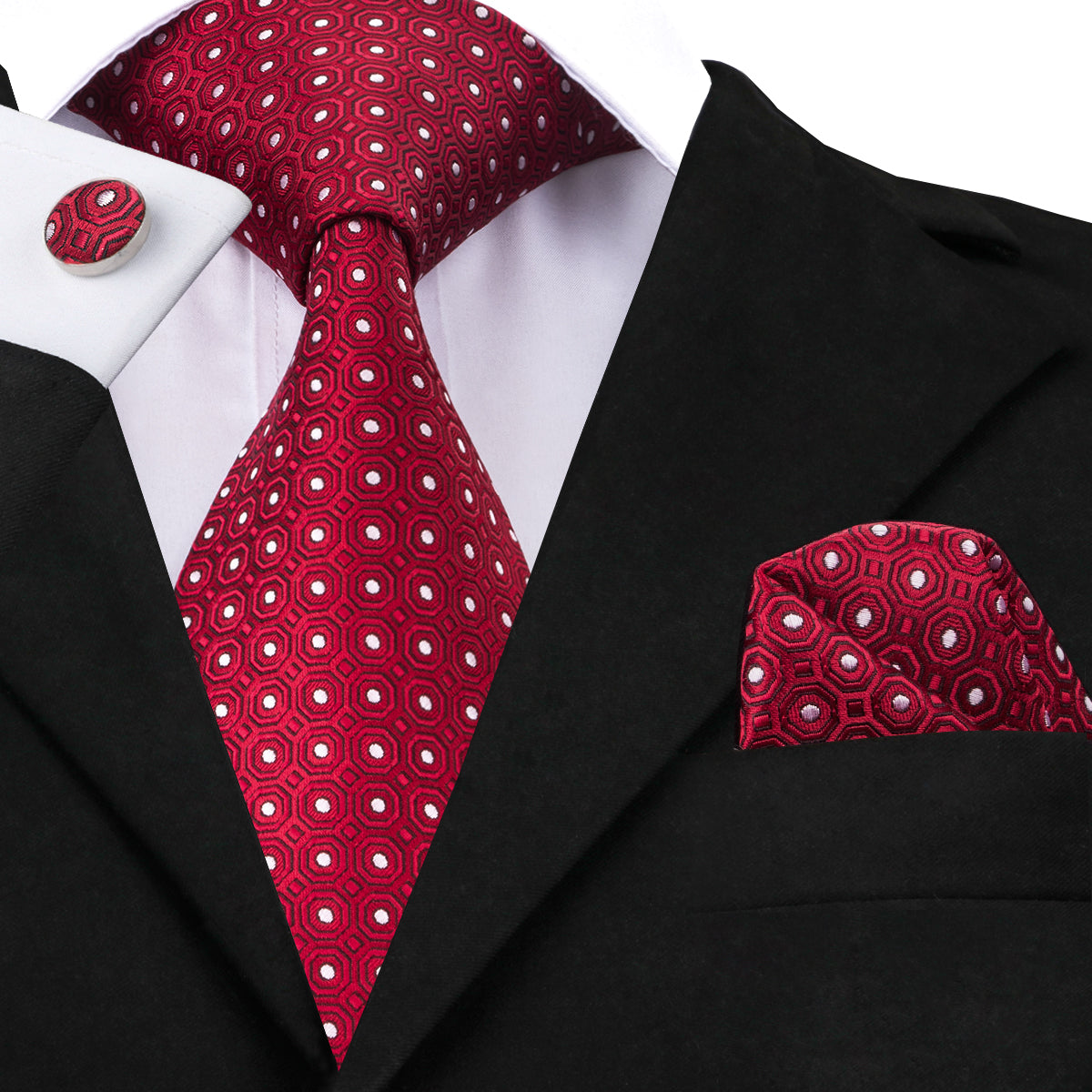Red Novelty Polka Dot Tie Handkerchief Cufflinks Set– DiBanGuStore